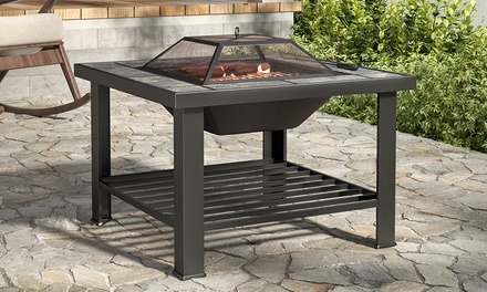 Outdoor Square-Shaped Fire Pit BBQ Grill Table with Bottom Shelf | Groupon