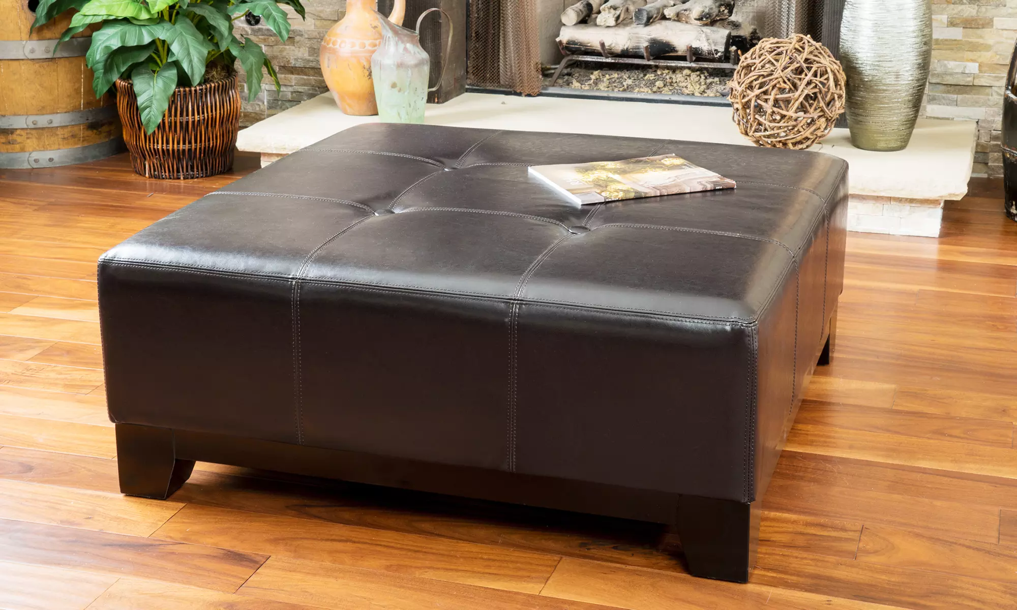 Avalon Brown Leather Ottoman | Groupon Goods