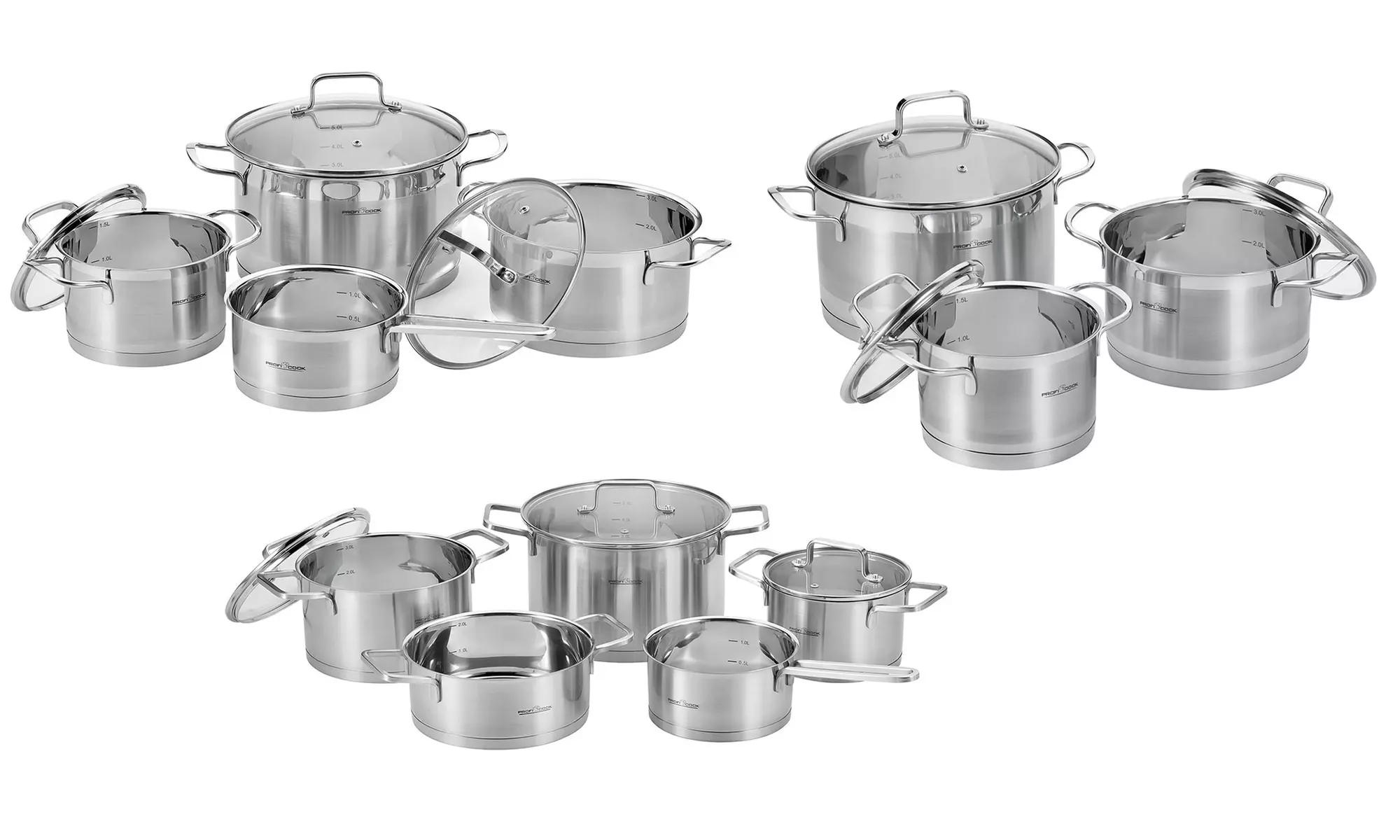 Set de casseroles en acier inoxydable ProfiCook, couvercles en verre ...