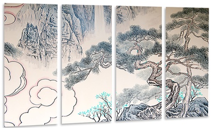 Chinese Blue Tree Art Floral Painting Metal Wall Art 48x28 4 Panels ...